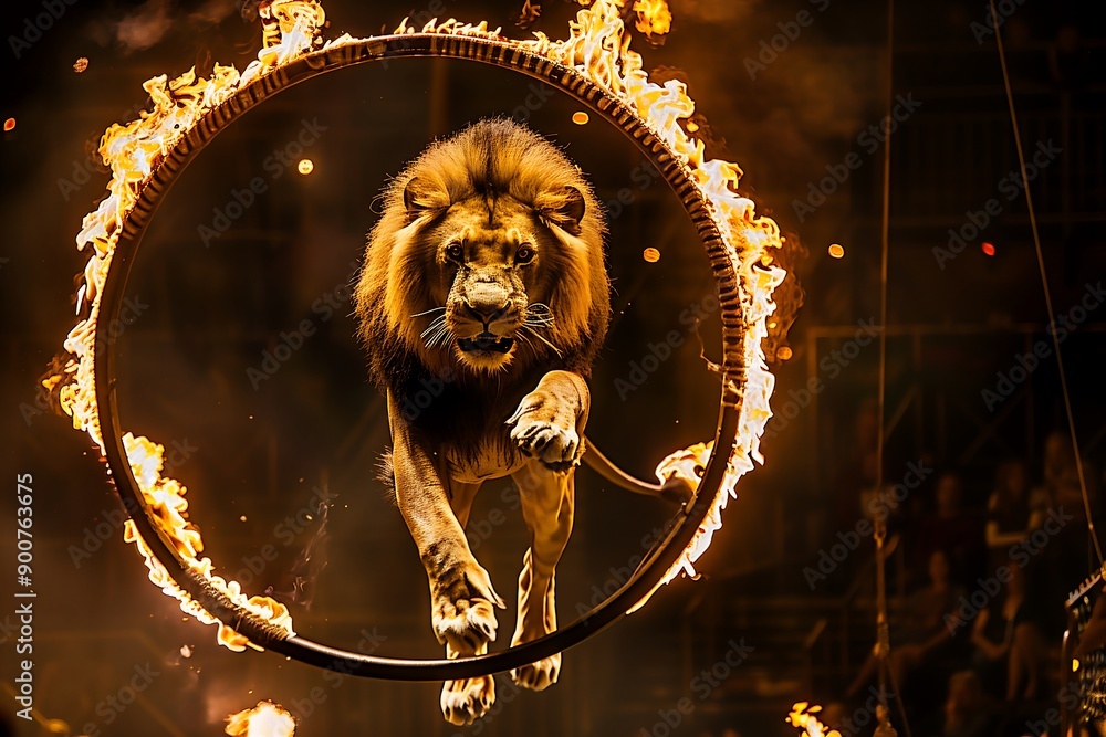 Majestic lion jumping through a fiery hoop during a thrilling circus performance Stock ...