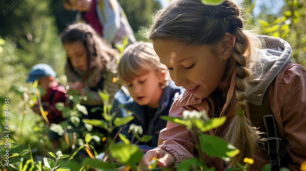 Outdoor field trip: Teacher and students exploring nature, collecting ...