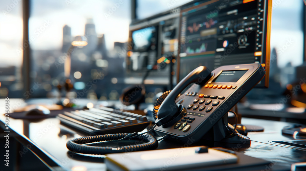 Modern office desk setup with a telephone, keyboard, mouse, and ...