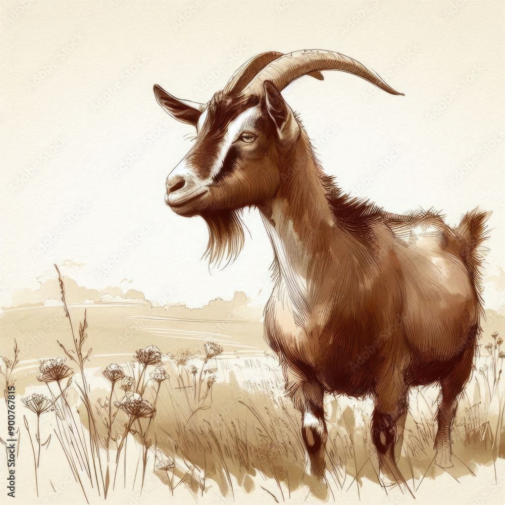 Hand drawin watercolor illustrations goat, cow, , line art, vintage ...