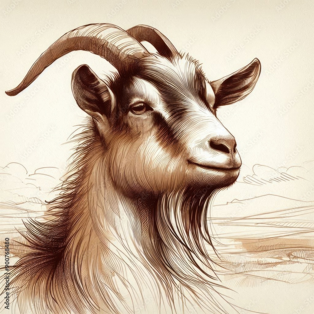Hand drawin watercolor illustrations goat, cow, , line art, vintage ...