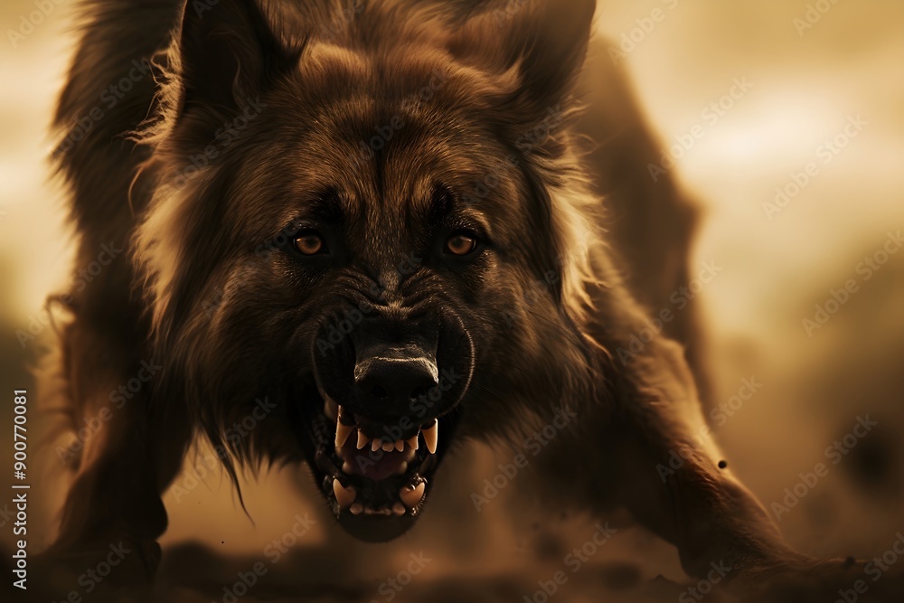 Aggressive dog get angry and bares his teeth. Dog shows dangerous teeth ...