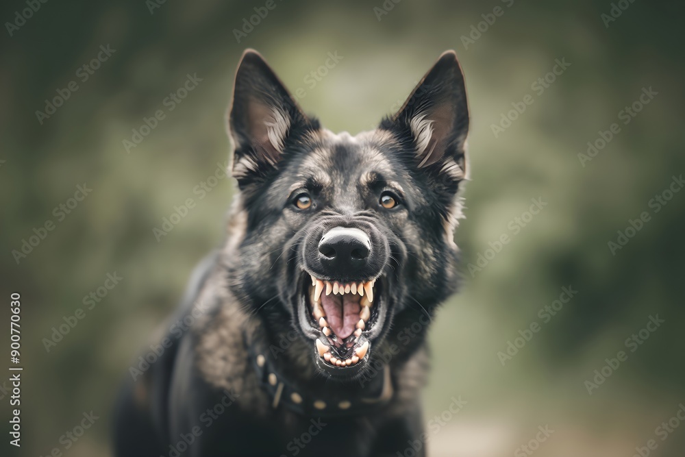 Aggressive dog get angry and bares his teeth. Dog shows dangerous teeth ...