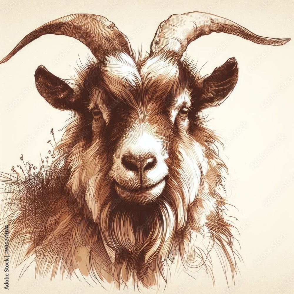 Hand drawing, line art, vintage line drawing cow, goat, goats, herd of ...