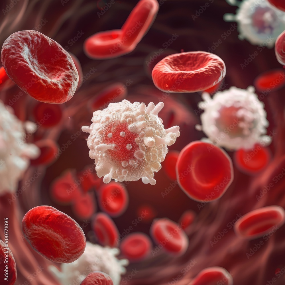Close-up view of red and white blood cells circulating in the ...