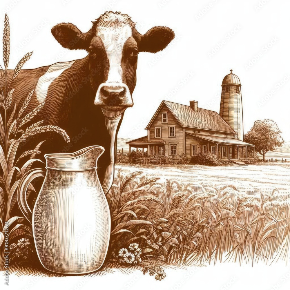 Hand drawing, line art, vintage line drawing cow, goat, goats, herd of ...