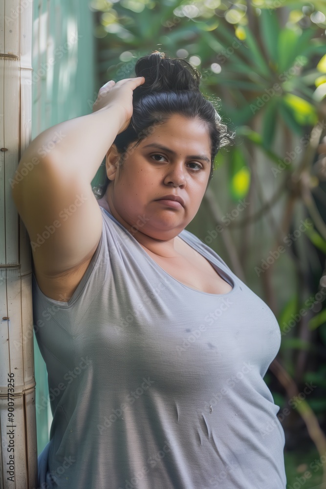 Voluptuous Chubby Hispanic Housewife Posing At Her Home Backyard Stock 2972