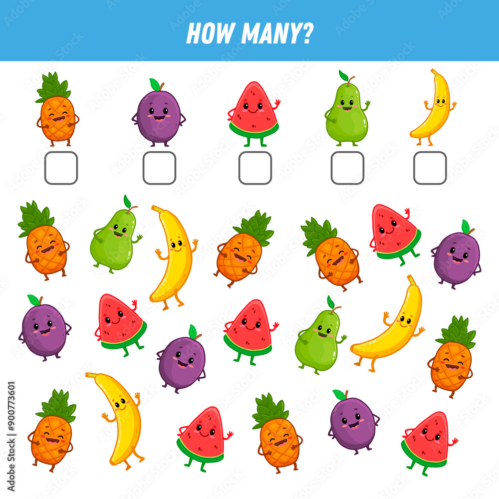 How many cartoon fruits are there. Count the number of funny fruits ...