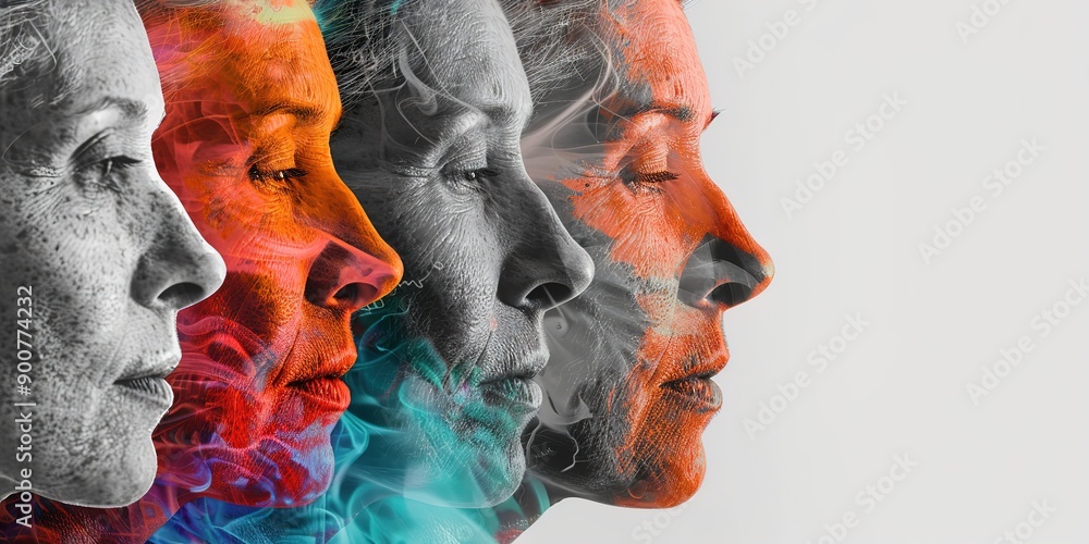 profiles of women faces of different ages and colors . The faces are ...