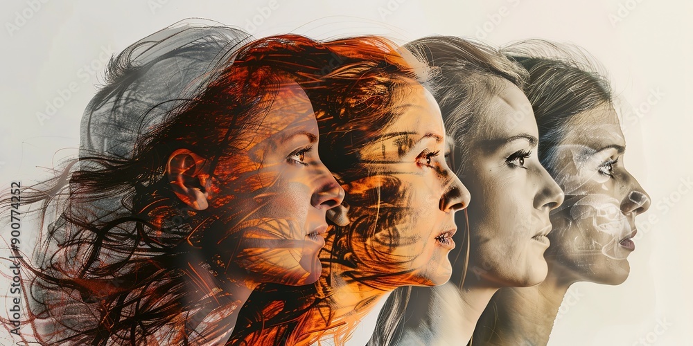 profiles of women faces of different ages and colors . The faces are ...