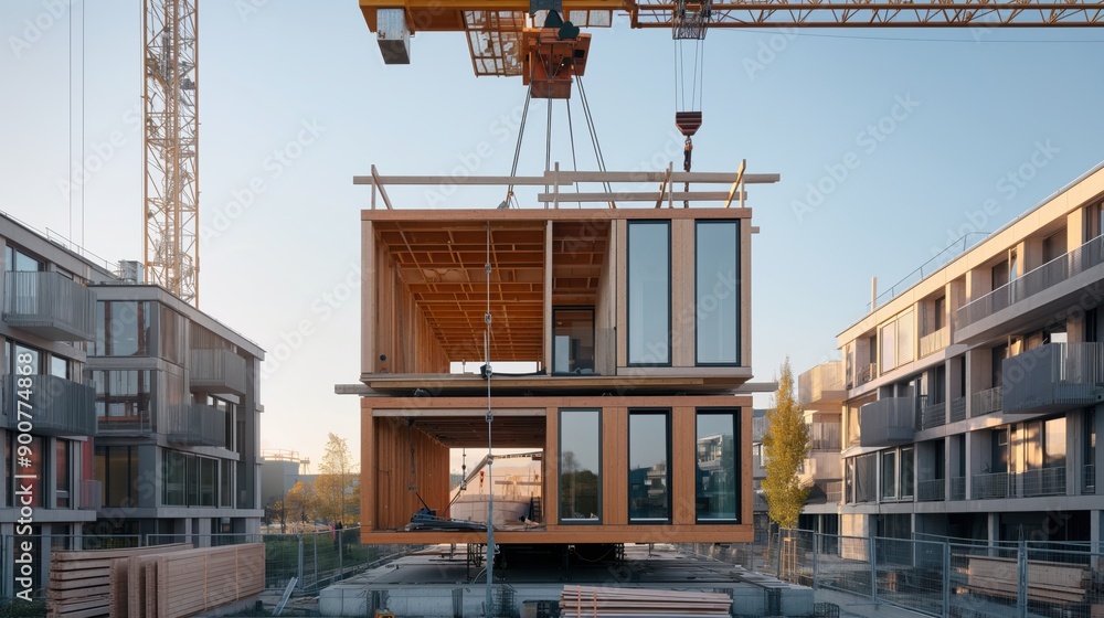 Construction site with a crane assembling modular wooden buildings ...