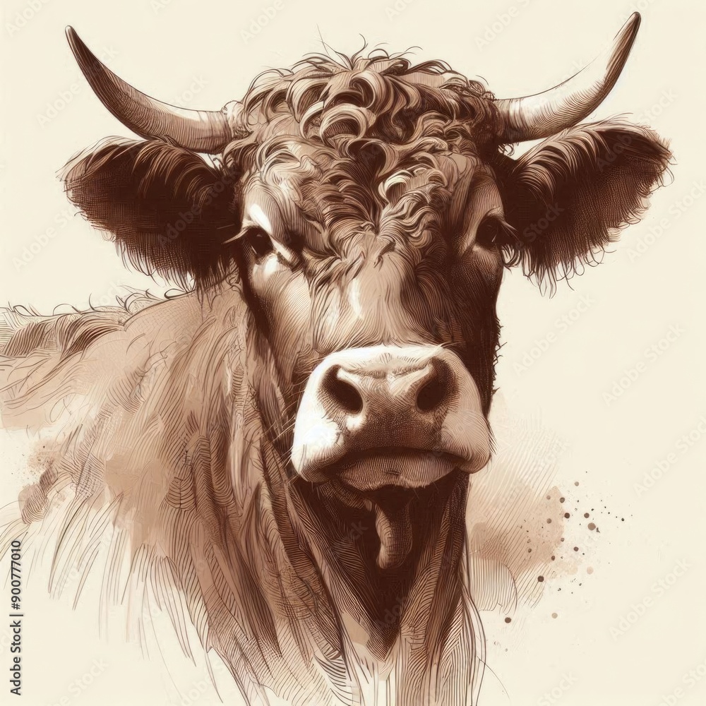 Hand drawing watercolor illustrations cow, line art, vintage line ...