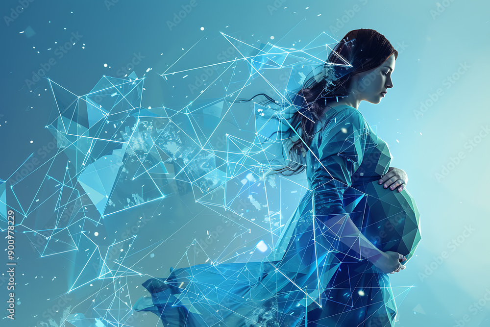 A digital wireframe polygon illustration of a pregnant woman on a blue ...