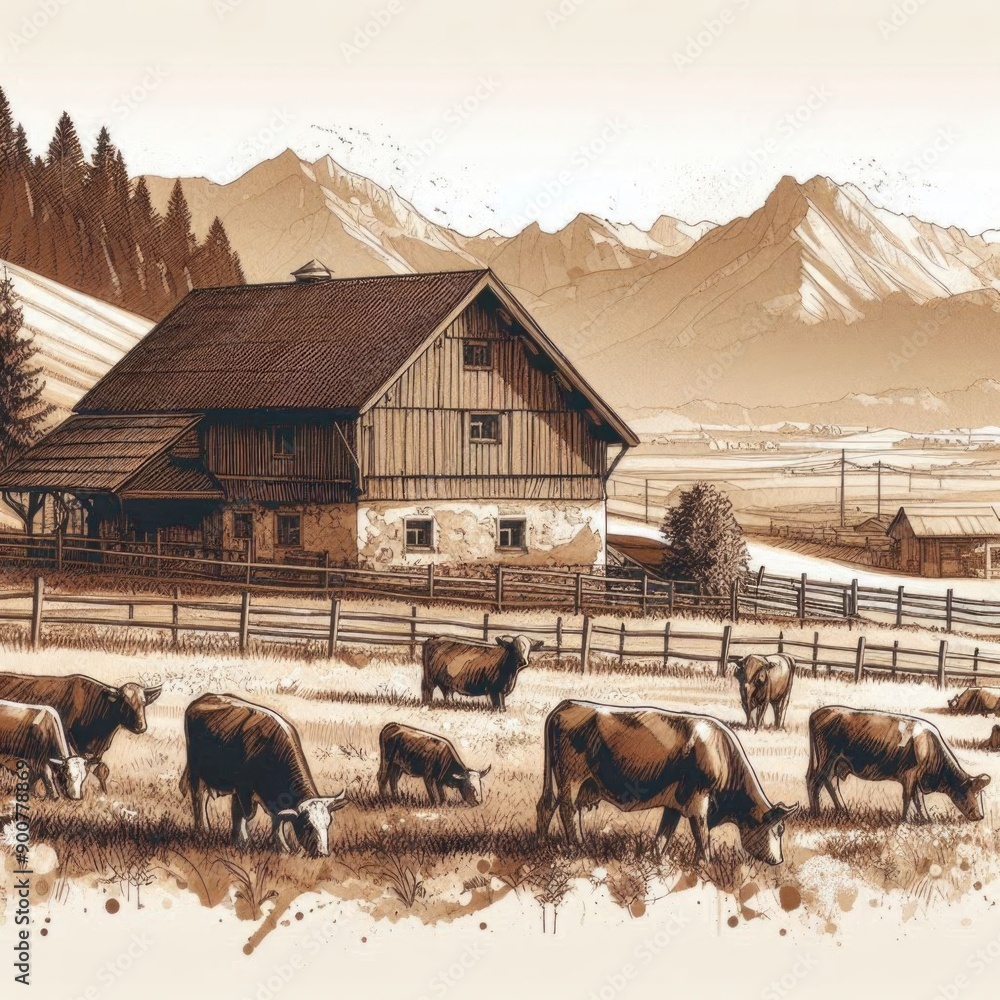 Hand drawing watercolor drawin illustrations cow, goat. line art ...