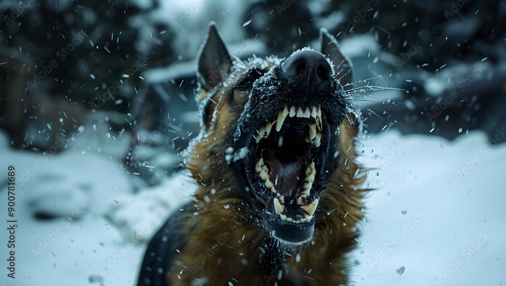 Aggressive dog get angry and bares his teeth. Dog shows dangerous teeth ...