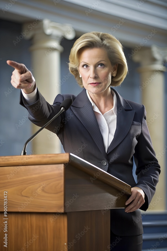 Mature female political leader looking at opponent and pointing at him ...