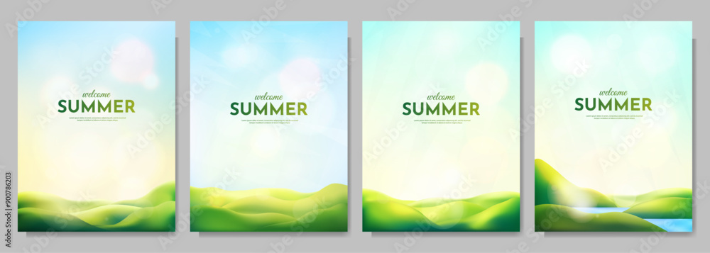 Vector illustration. Set of 3d style natural landscape. Green meadow ...
