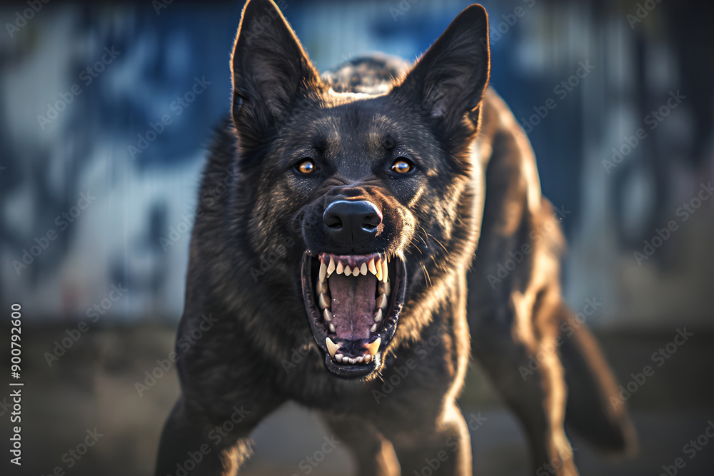 Aggressive dog get angry and bares his teeth. Dog shows dangerous teeth ...