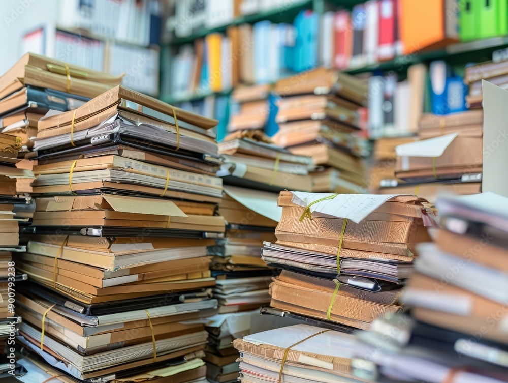 A disorganized stack of files and folders in an office setting ...
