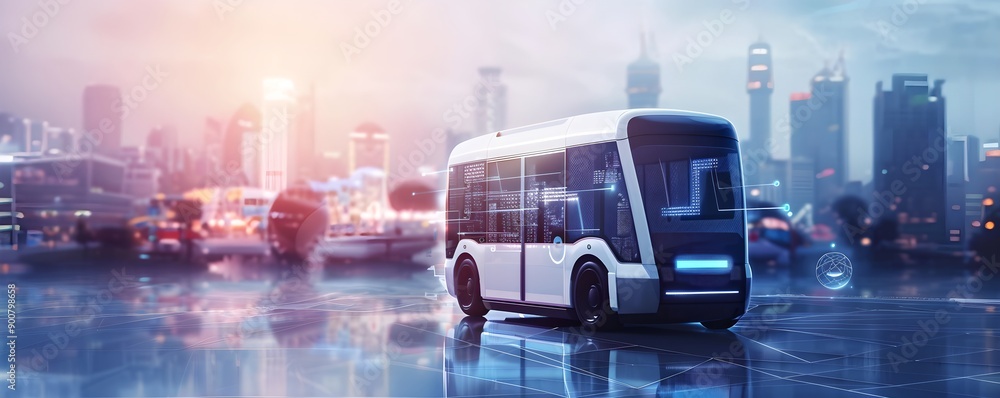Autonomous electric shuttle bus with future city background. Public ...