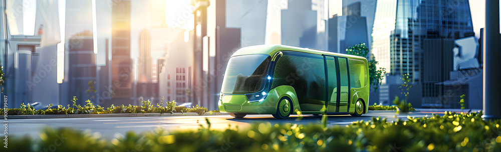 Electric green bus driving with city background. Future public ...