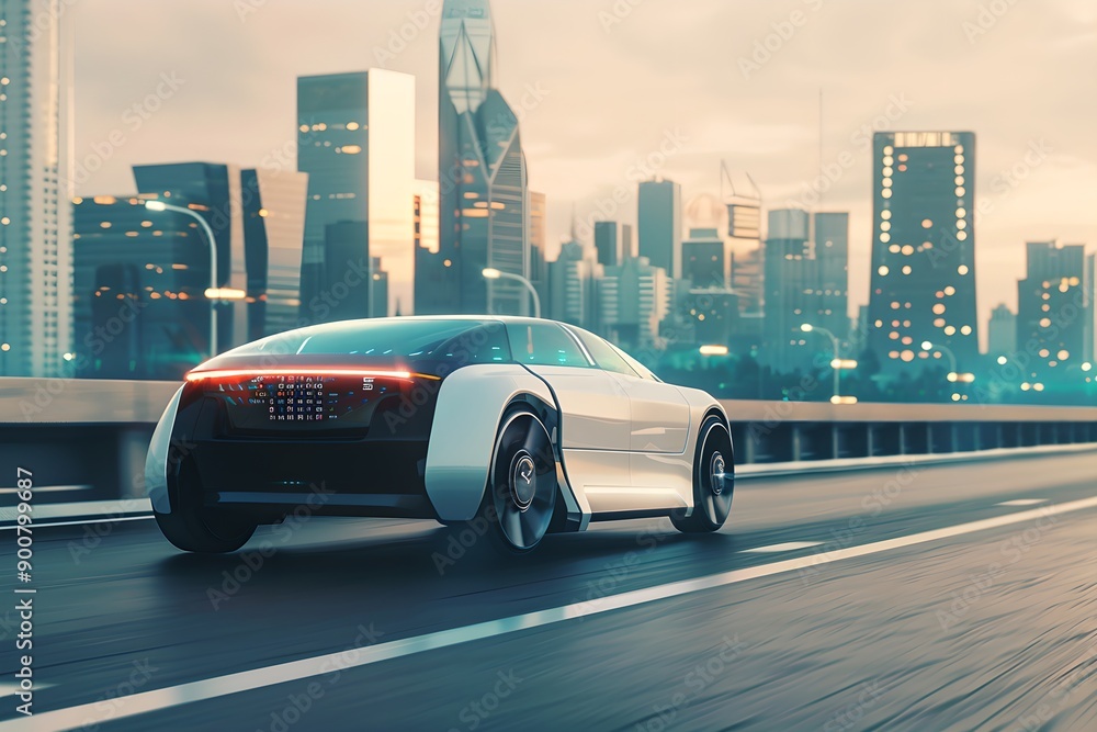Futuristic electric car moving through city highway. Autonomous driving ...