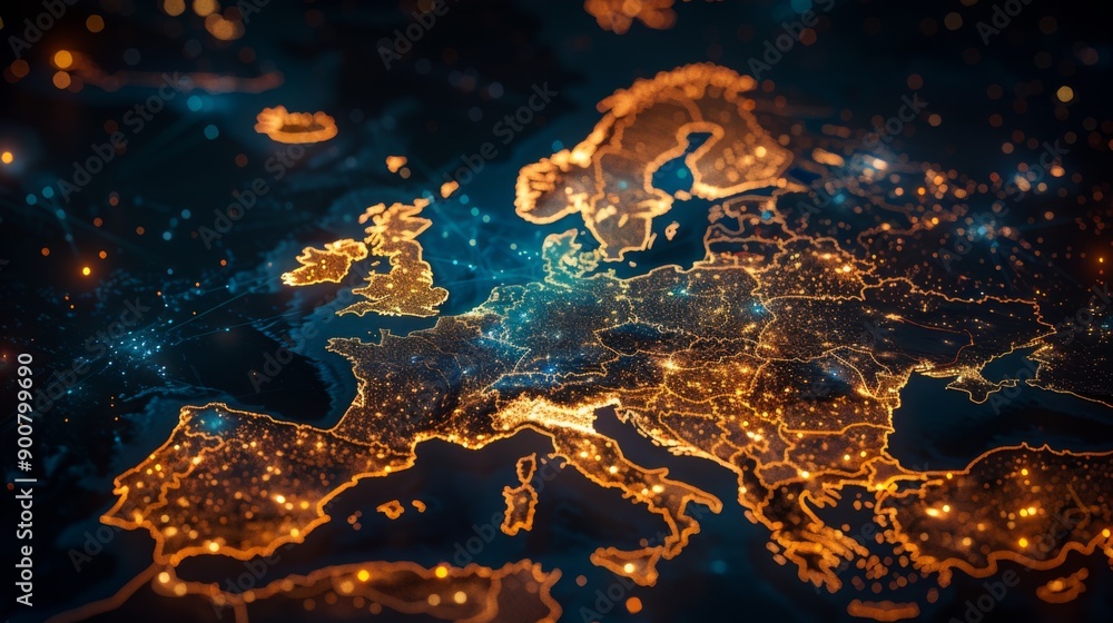 Illuminated Map of Europe at Night Stock Illustration | Adobe Stock