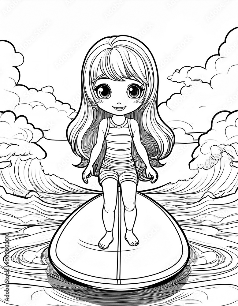 Coloring book page for children of a cute chibi style anime girl on a ...