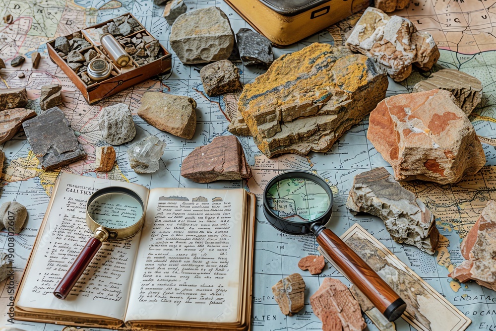 Vintage geological exploration setup with magnifying glasses, rocks ...