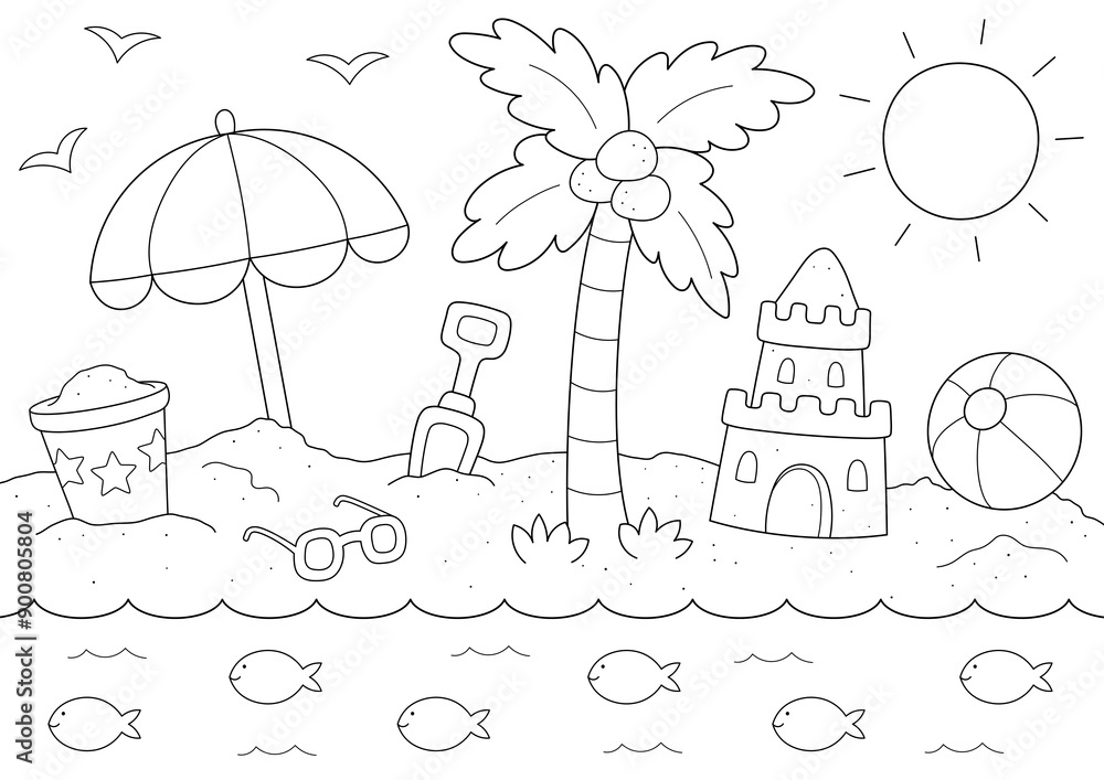 a4 size coloring page for kids or adults. summer beach scene Stock ...