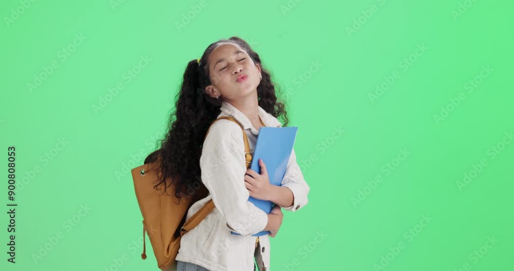 Girl, child and backpack on green screen for back to school, education ...