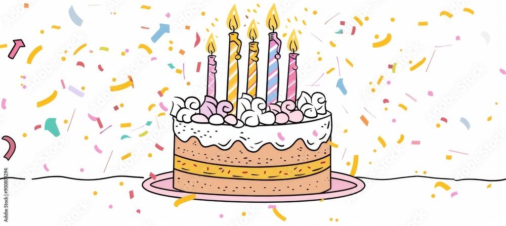 Colorful Cartoon Drawing of an Elegant Three-Tiered Birthday Cake with ...