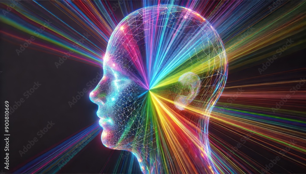 Colorful Light Rays Emanating from a Human Head Representing Brain ...
