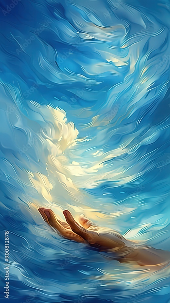 inspirational hand reaching out to faith, the sky with the sun behind ...