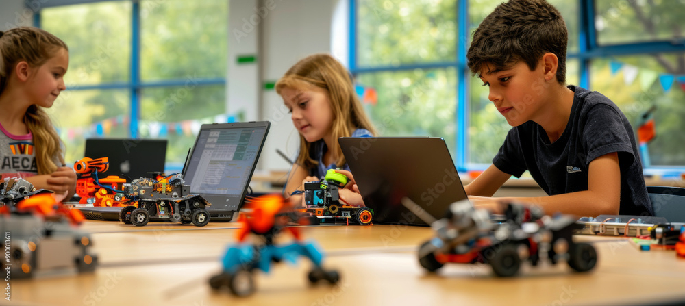 Children Collaborating on Robotics Project in Modern Classroom for STEM ...
