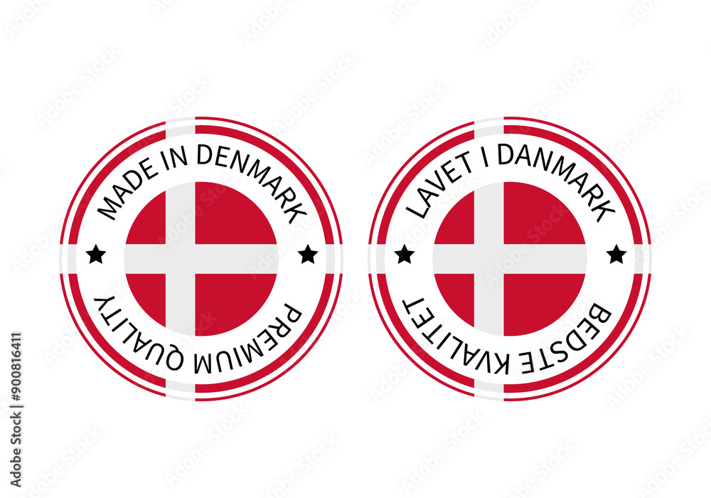 Made in Denmark round labels in English and in Danish languages ...