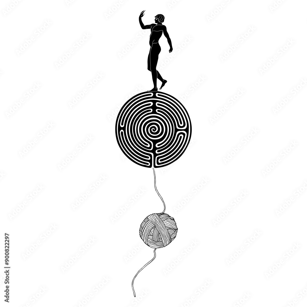 Ancient Greek youth standing on a round spiral maze or labyrinth symbol ...