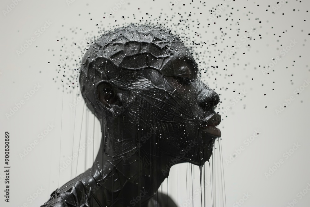 Profile of a man disintegrating into particles symbolizing fragmentation and data loss in a ...
