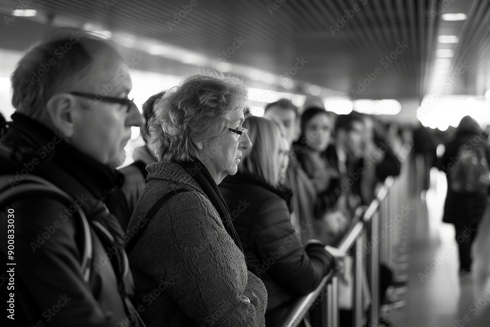Travelers filled with anticipation stand in a long queue on a crowded ...