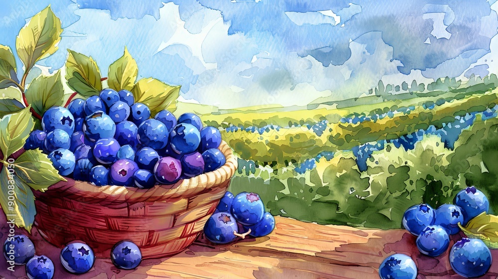 Watercolor illustration of a full basket of freshly picked blueberries ...