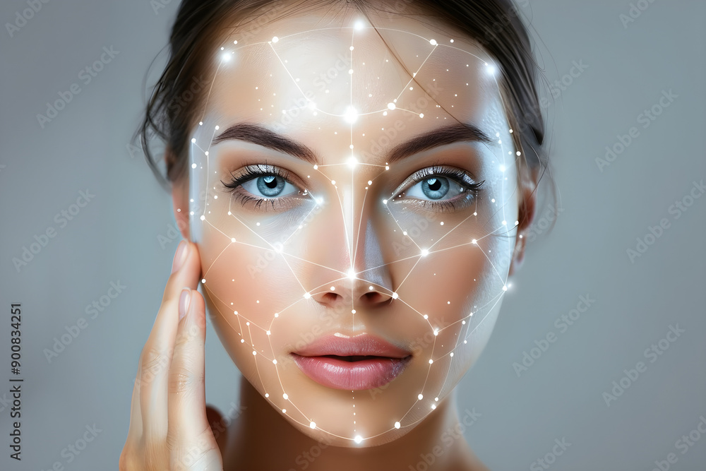 Stunning young woman with digital face mapping technology, skincare ...