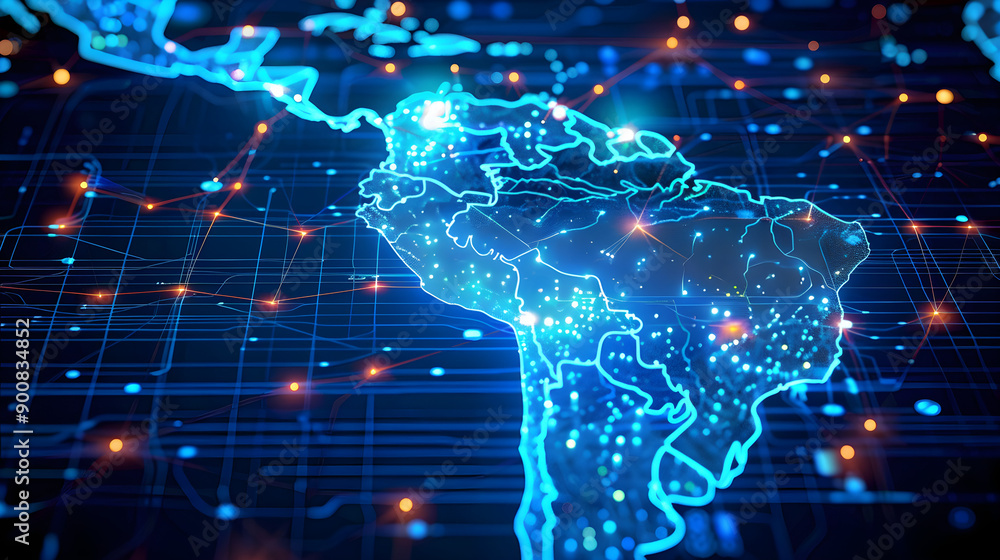 ภาพประกอบสต็อก digital map of South America, cyber technology ...