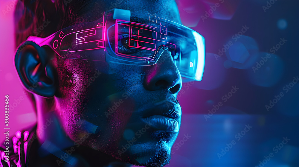 futuristic man with high-tech glasses, neon blue color scheme ...
