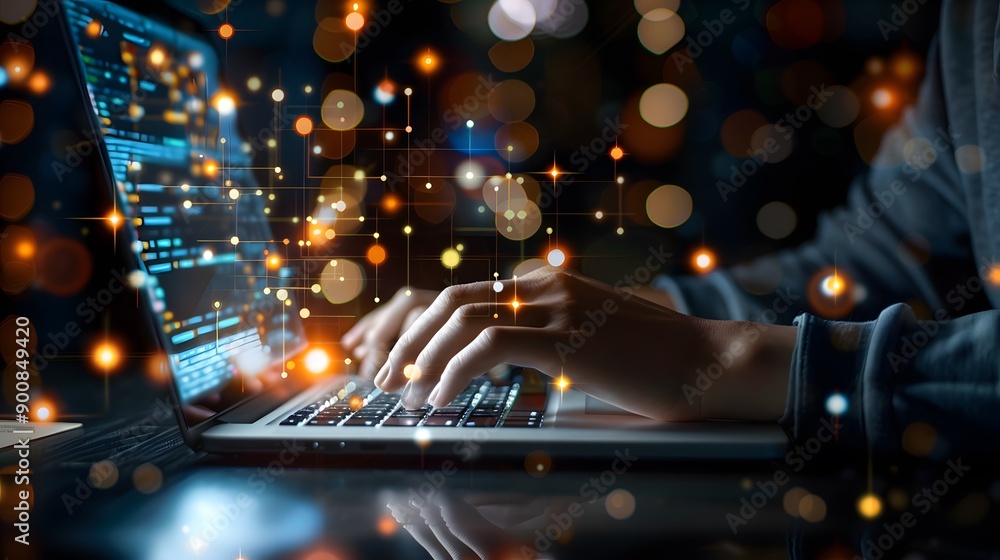 Computer engineer working on laptop computer with server room, data ...