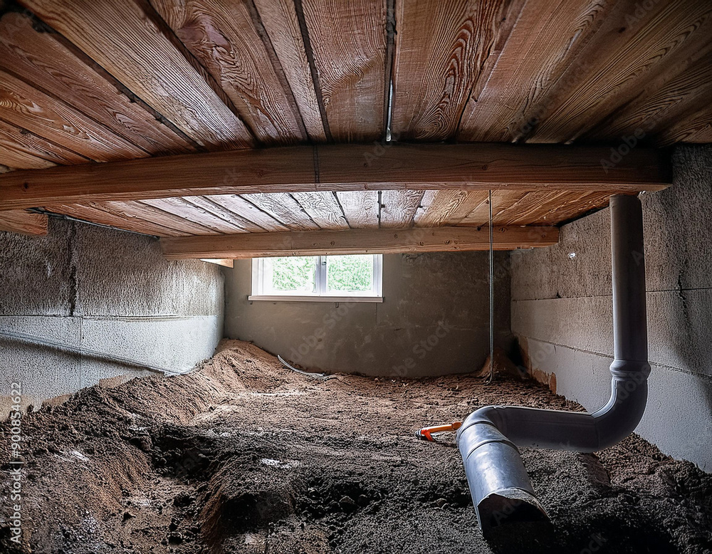 Crawlspace with wooden ceiling beams, soil ground, and exposed pipes ...