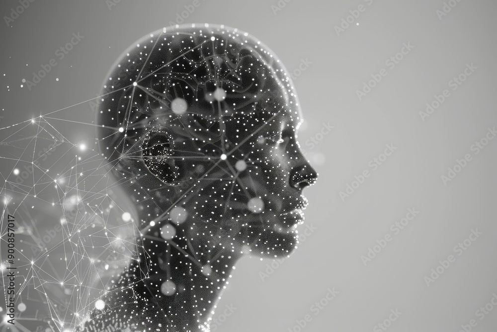 Digital profile of a head with interconnected nodes representing neural ...