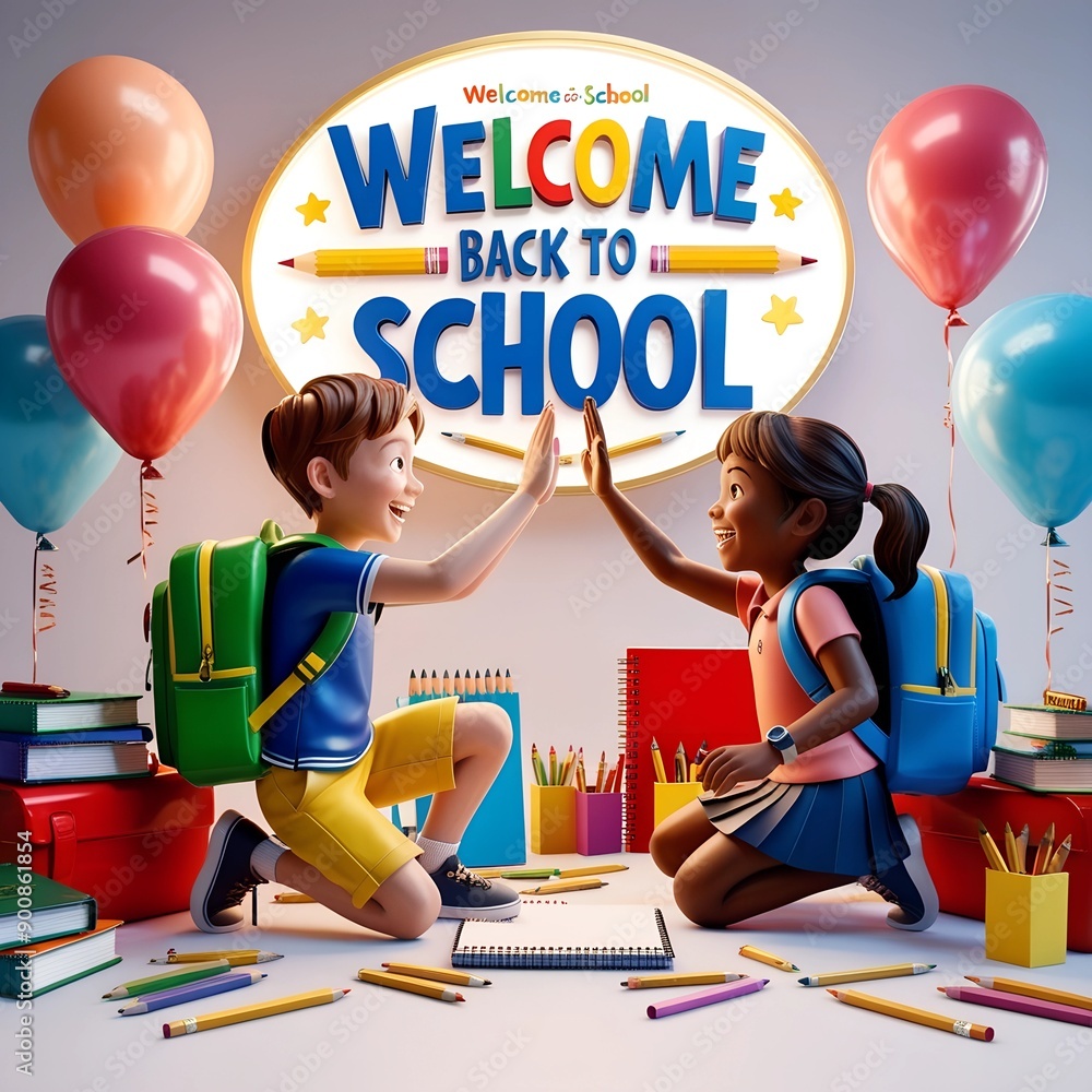 Vibrant Welcome Back to School Design with Kids, Balloons, and School ...