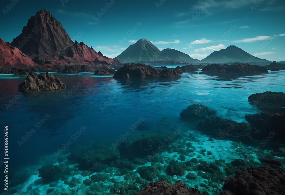 A water-covered planet with glowing bioluminescent waves and underwater ...