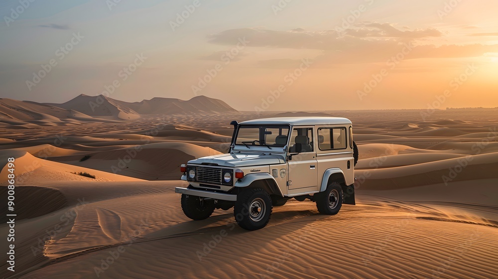 Vintage open top 4x4 SUV in the desert in Dubai, United Arab Emirates ...