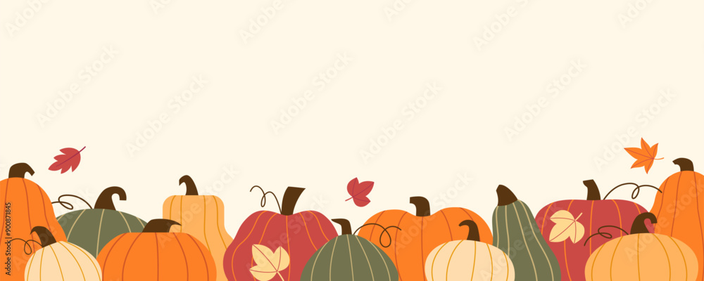 Autumn pumpkin background. Vector template for fall harvest pumpkin ...